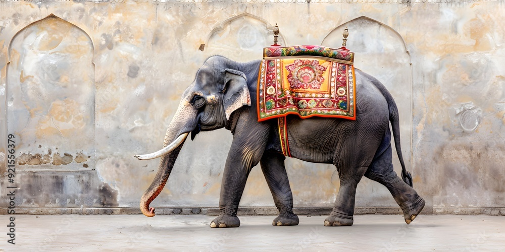 Mughal emperor riding an adorned elephant in a procession, painted on a ...