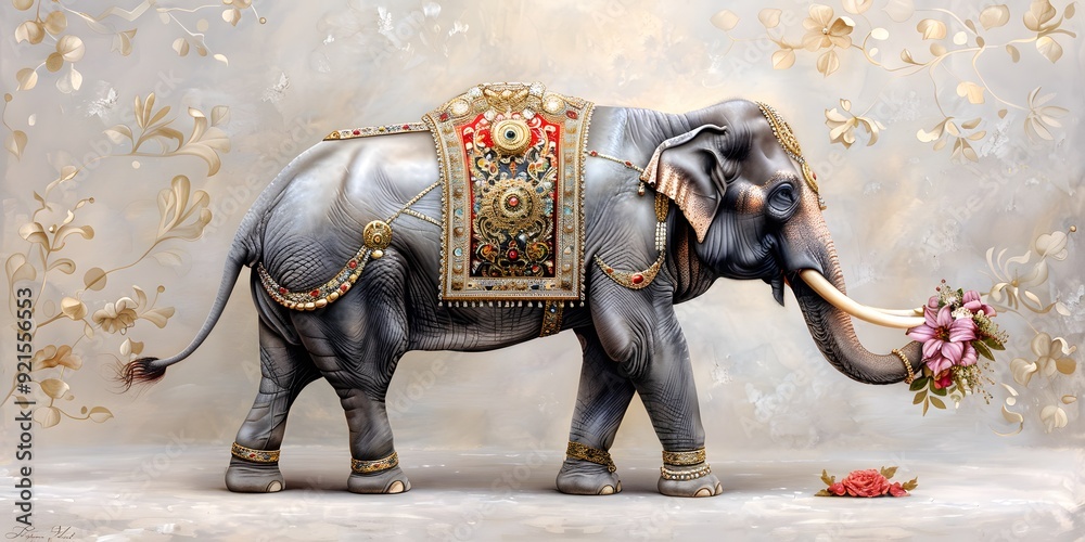 Mughal emperor riding an adorned elephant in a procession, painted on a ...