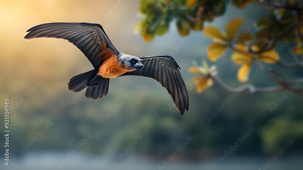 Guam flying fox hanging from a tree, emphasizing its large wingspan and ...