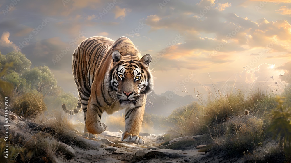 Saber-toothed tiger prowling through a prehistoric landscape ...