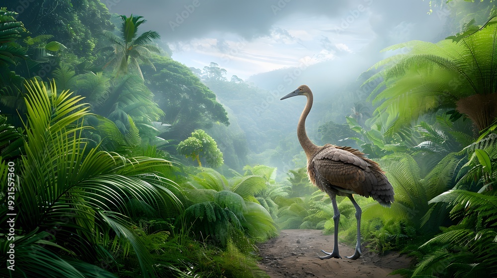 Giant moa bird walking through a dense forest, emphasizing its large ...