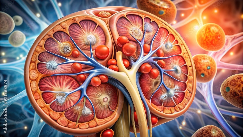 Microscopic view of kidney damage, glomerulus scarring and inflammation ...