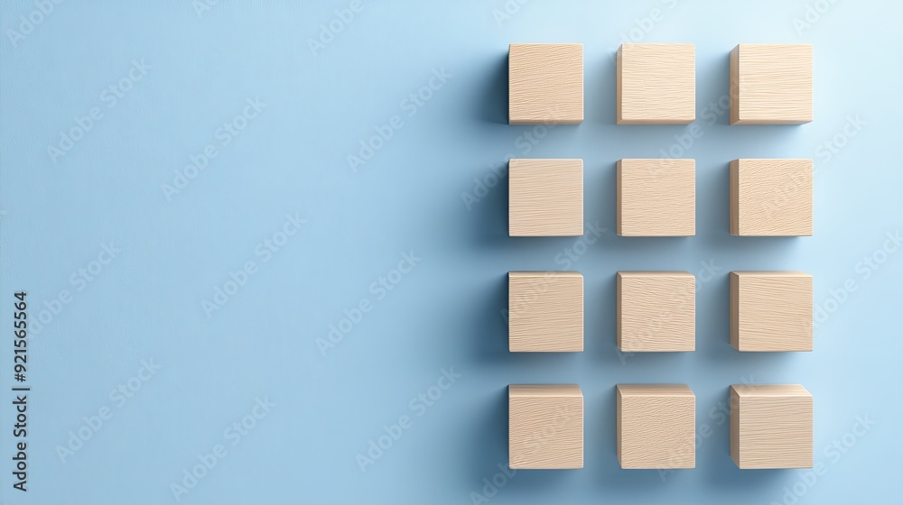 semi close-up of neatly arranged wooden blocks showing a company ...