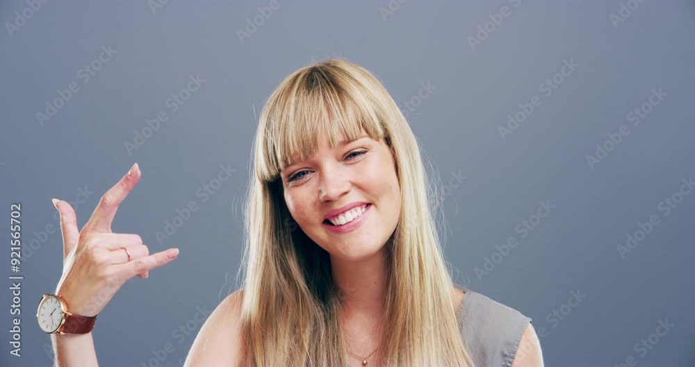 Woman, peace and portrait for shaka or hand sign, icon and positive ...
