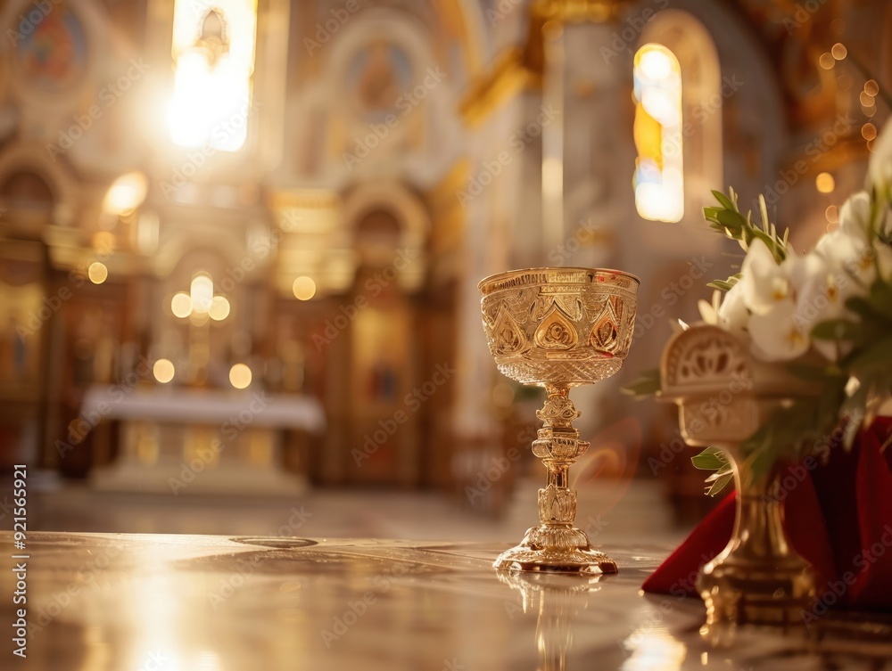 The Eucharist ceremony shown with a focus on the bread and wine Stock ...