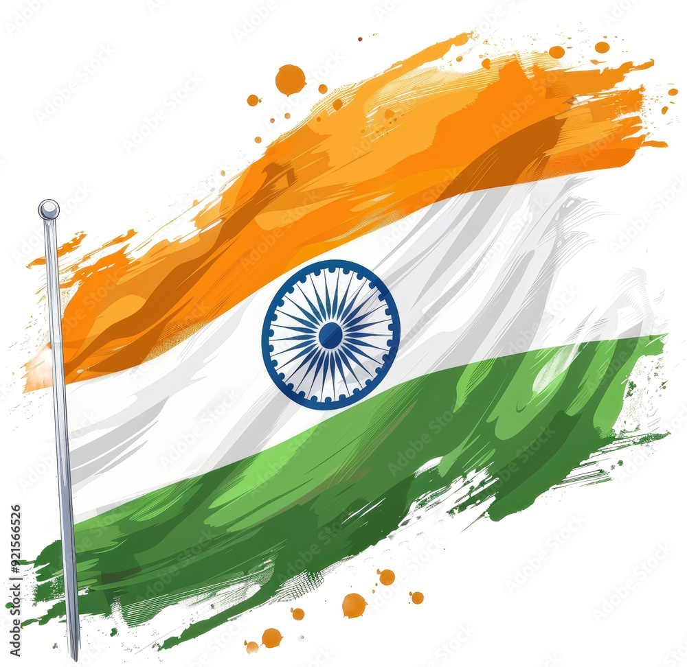 A vibrant Indian flag waving proudly, its colors of saffron, white, and ...