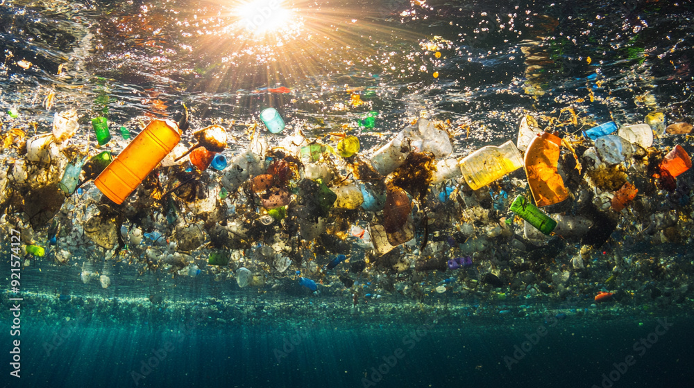 polluted ocean with plastic debris floating under sunlight ...