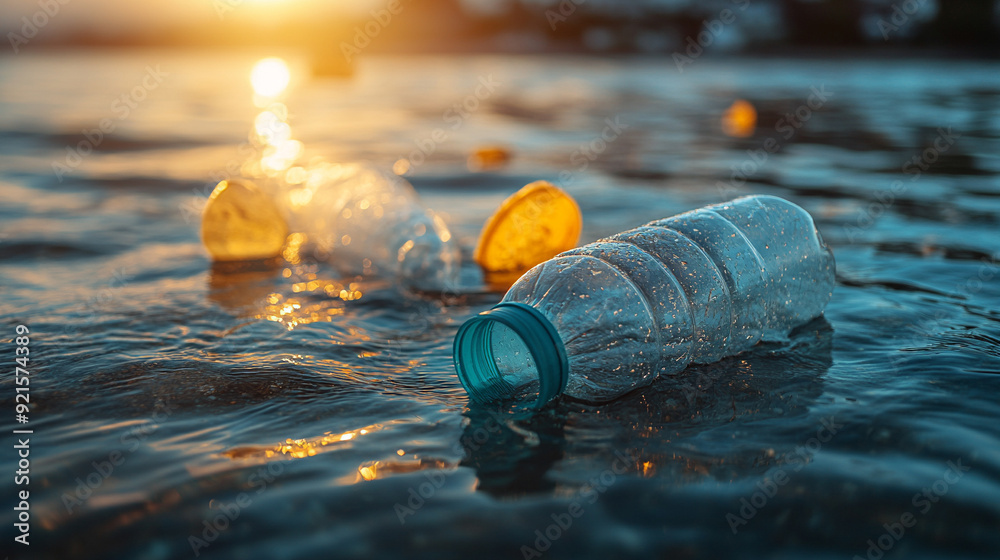 polluted ocean with plastic debris floating under sunlight ...
