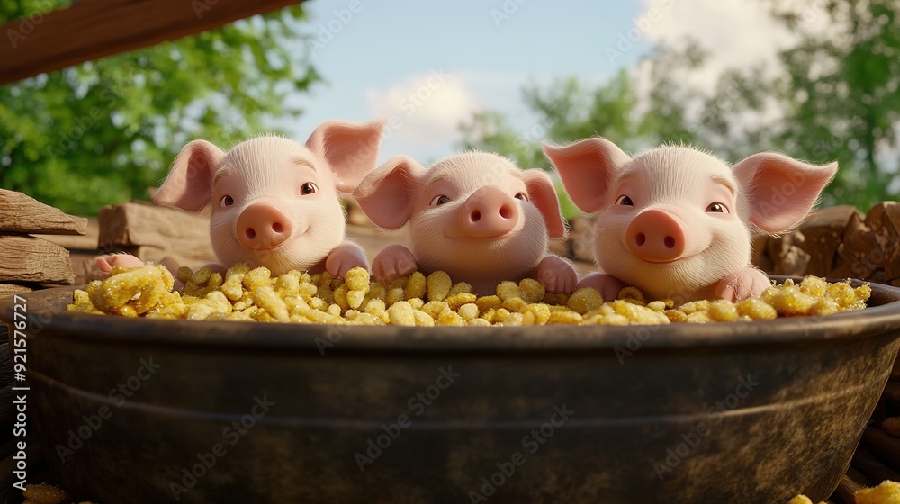 Animated Piglets at a Big Trough with Food: Charming and Playful Scene ...