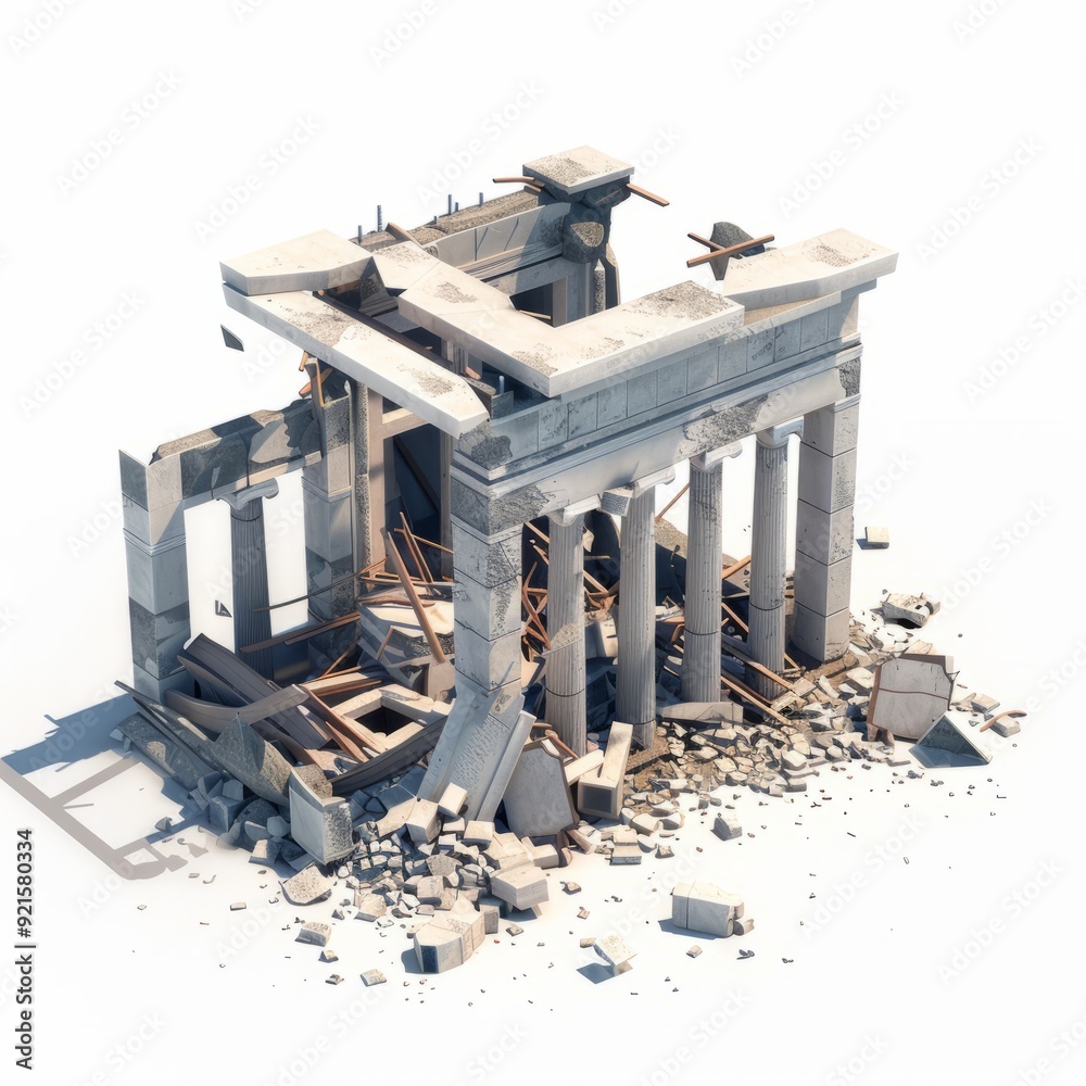 3D Render, Low Poly style of demolished building with broken columns ...