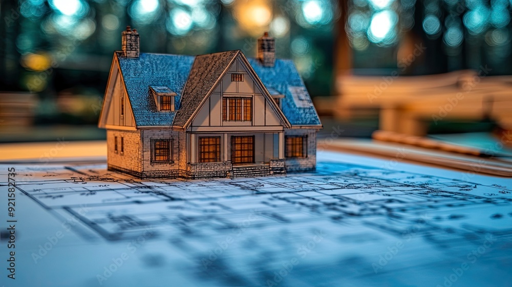 Detailed view of a house blueprint spread on a table, property planning ...