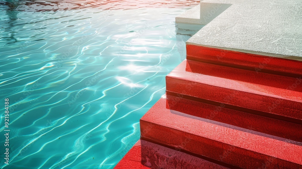 Capture a swimming pool with red steps leading into the water, creating ...