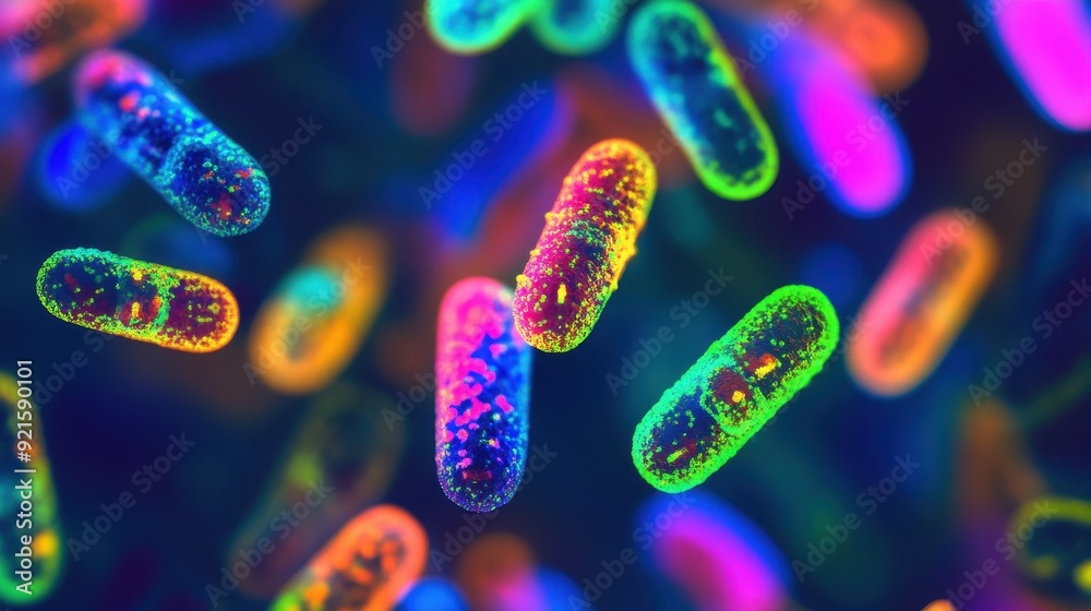 Microscopic bacteria with fluorescent staining, glowing colors ...