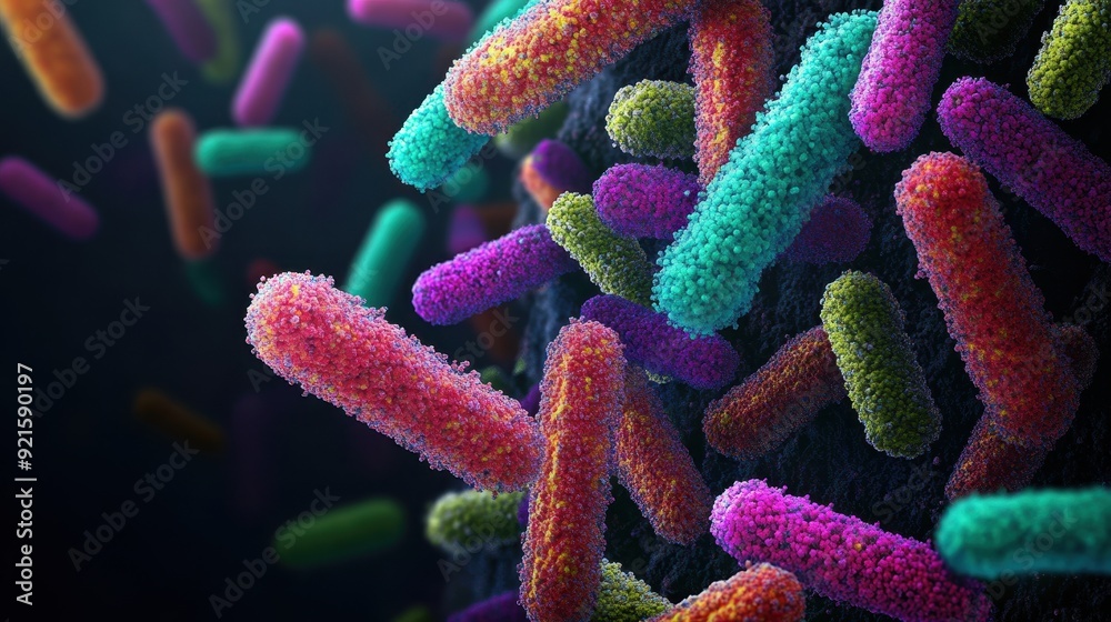 Microscopic bacteria with fluorescent staining, glowing colors ...