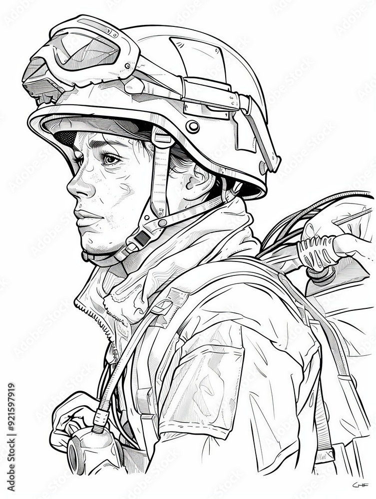 Rescue worker line art 2 colors 5153 helmet, soldier, person, uniform, men, worker, hat ...
