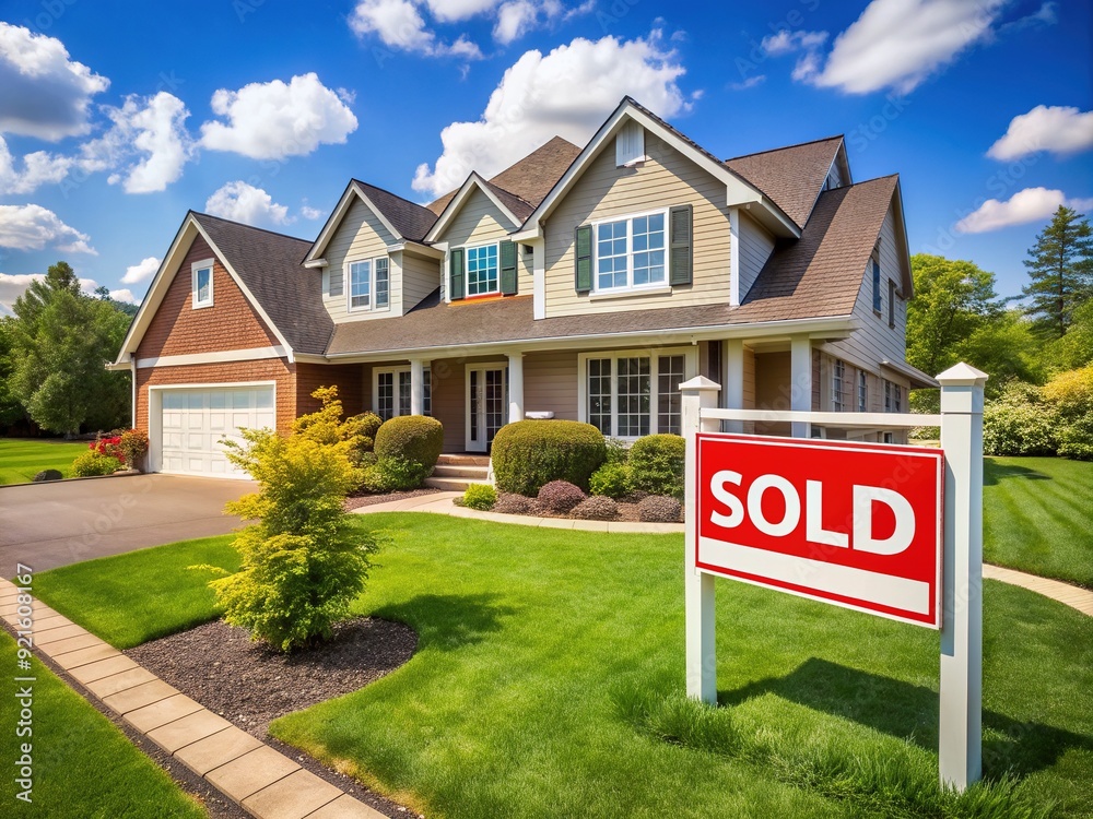 Cozy suburban neighborhood with a sold sign in front of a beautiful ...