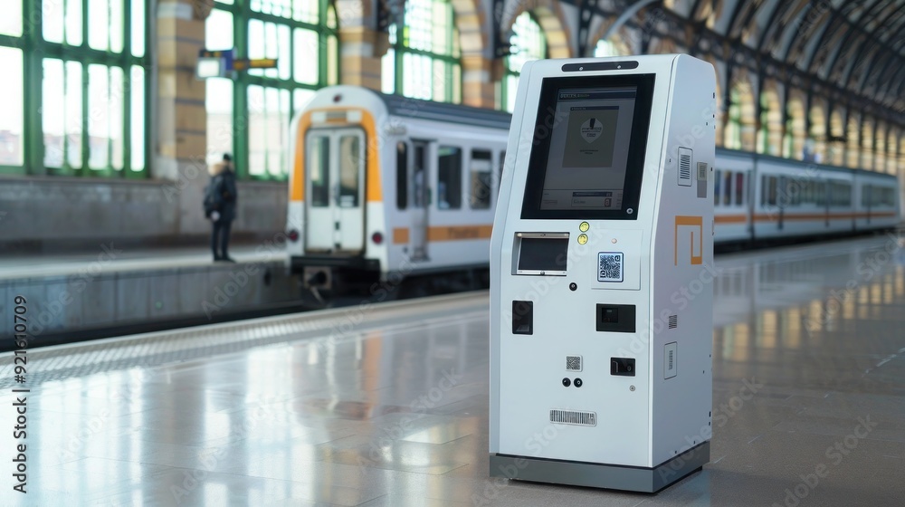 An automated biometric ticketing kiosk at a train station, featuring a ...