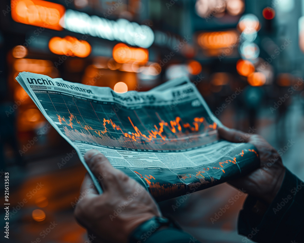 Market Trends in the City: A close-up of hands holding a newspaper with ...