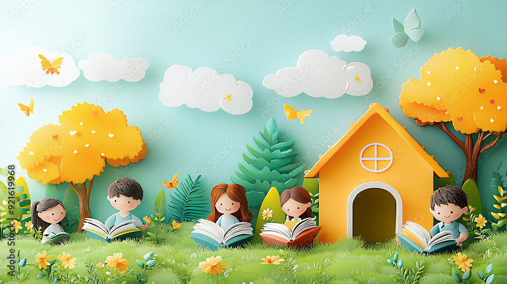 Vector design of a vibrant school environment, with students reading ...
