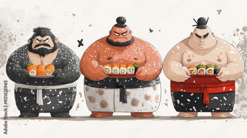 Three sumo wrestlers holding sushi platters, depicted in a whimsical ...