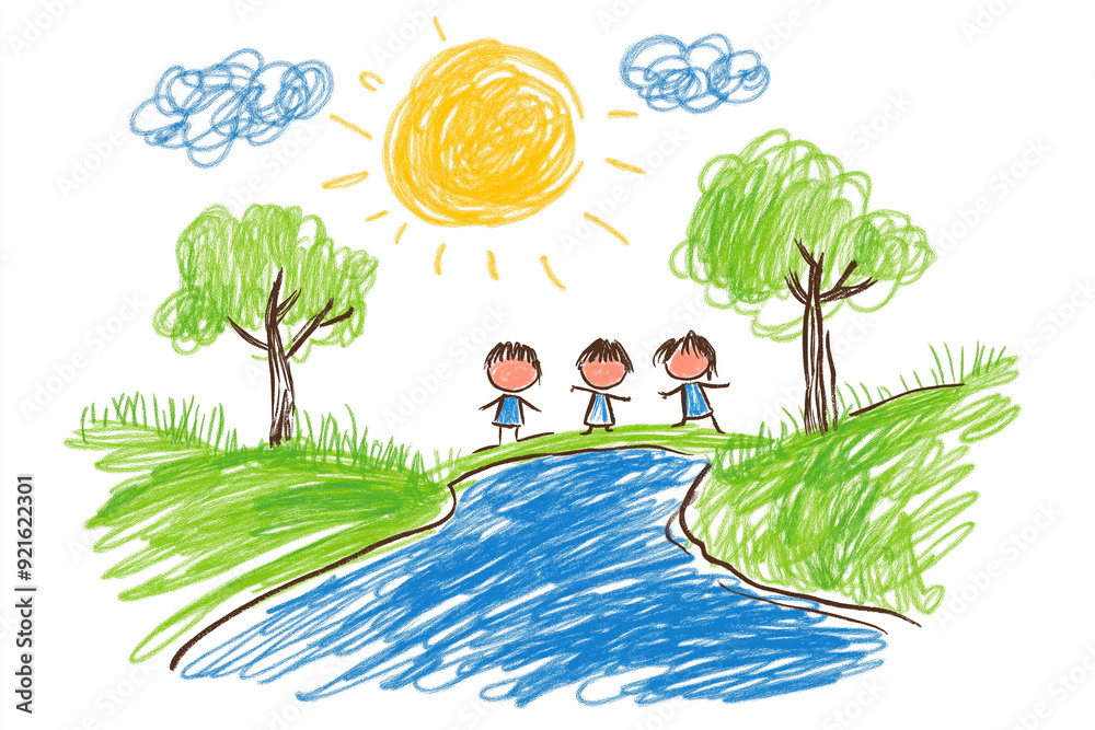 Children art in notebook kids design by Color pencil. Children hand ...
