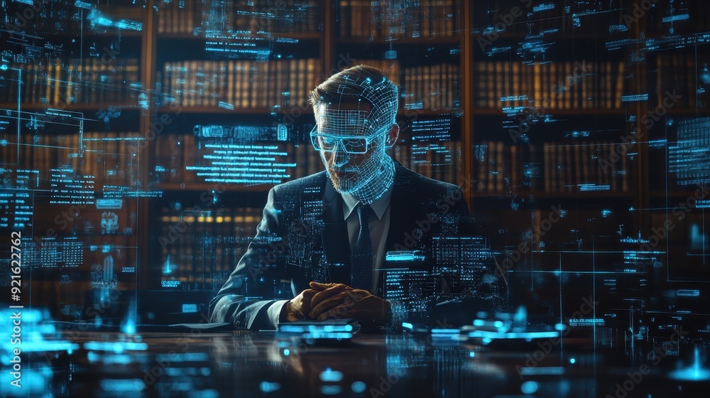 AI-powered legal assistant analyzing a case with holographic data ...