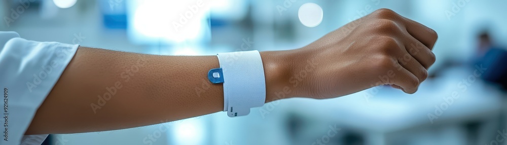 Close-up of a patient’s arm wearing a hospital ID wristband ...