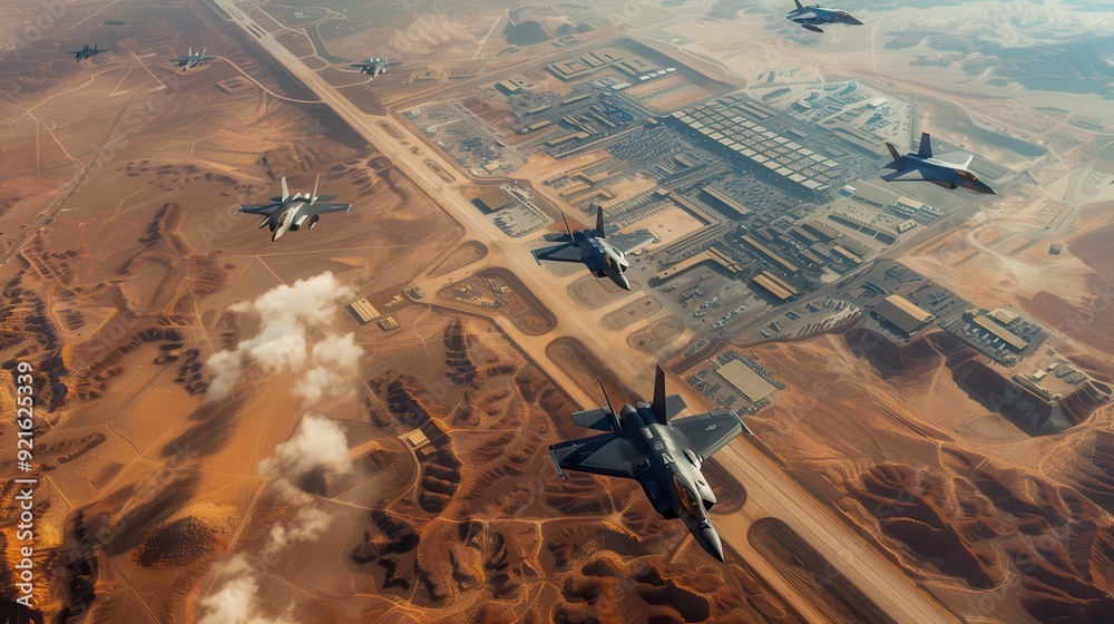 Military aircraft soar above a sprawling base in a remote desert region ...