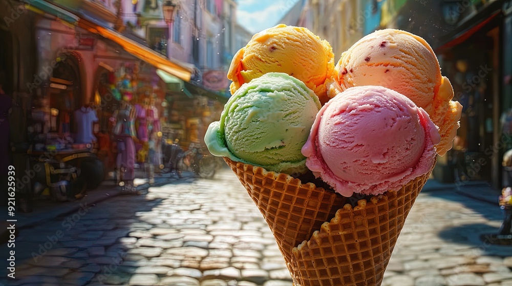 Charming Cobblestone Street Scene: Colorful Ice Cream Scoops in a ...