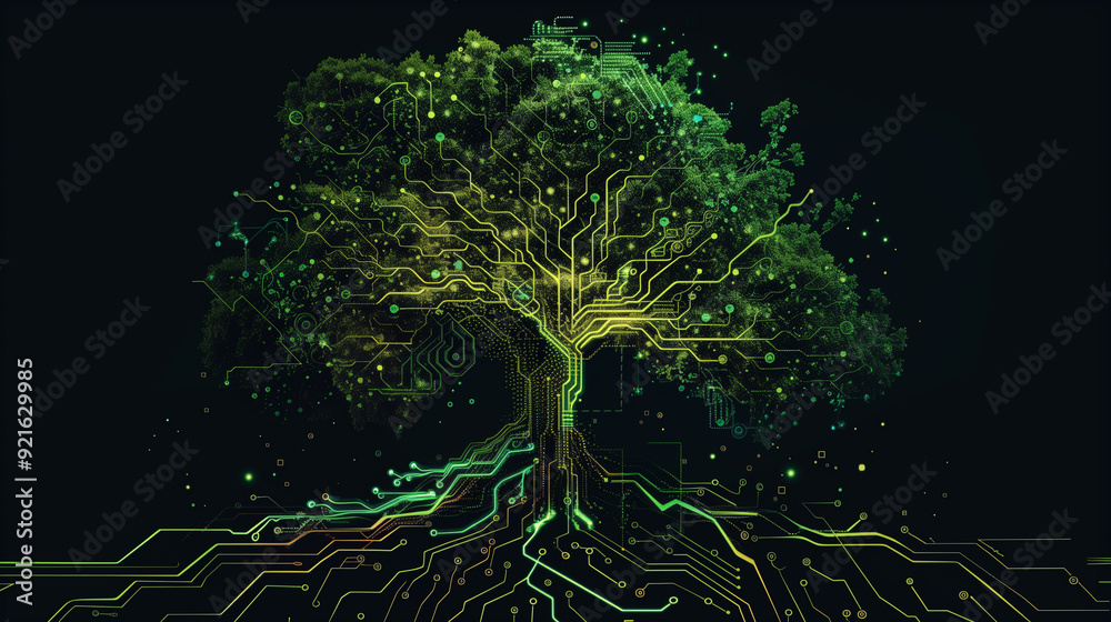 Digital tree with circuit-like branches representing the fusion of ...
