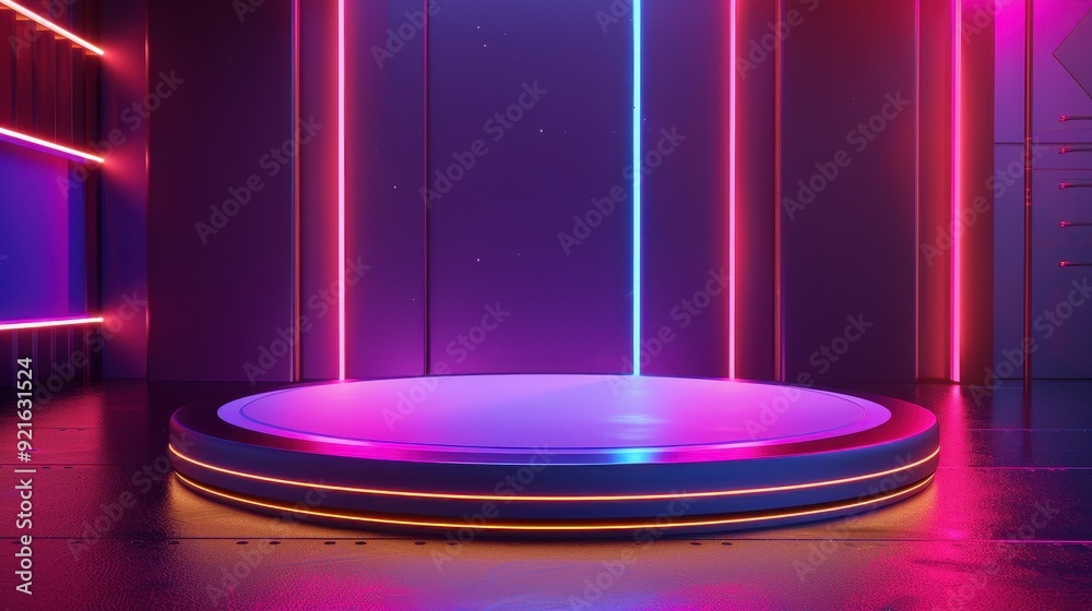 Colorful neon lights enhance a circular stage, creating an inviting ...