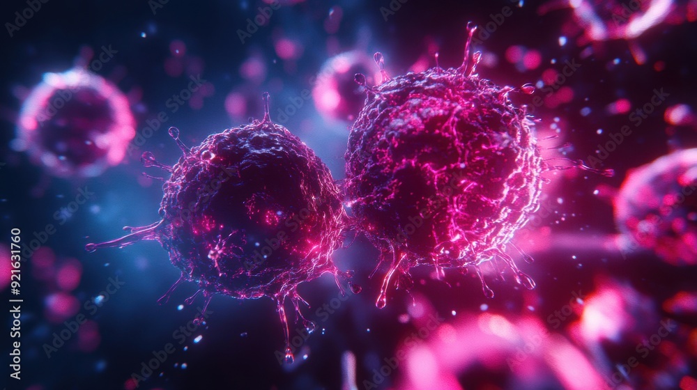 Cancer cells are shown dissolving into vibrant particles, symbolizing ...