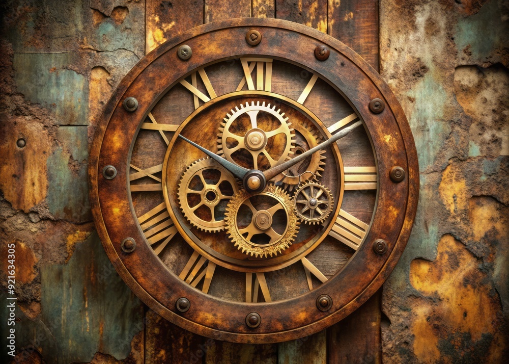 Analog clock face with worn wooden rim and rusty Roman numerals ...