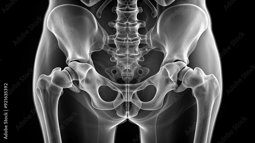Detailed radiographic image of an adult human hip joint, showcasing the ...