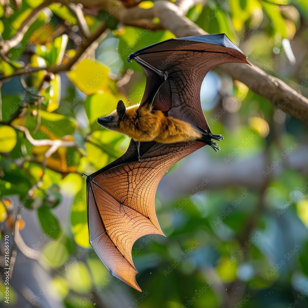 Flying Fox on Maldives island. Fruit bat flying. Gray-headed Flying Fox ...