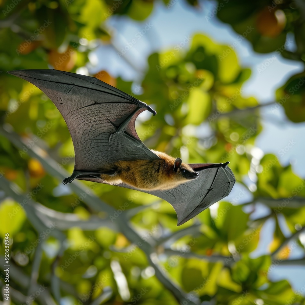 Flying Fox on Maldives island. Fruit bat flying. Gray-headed Flying Fox ...