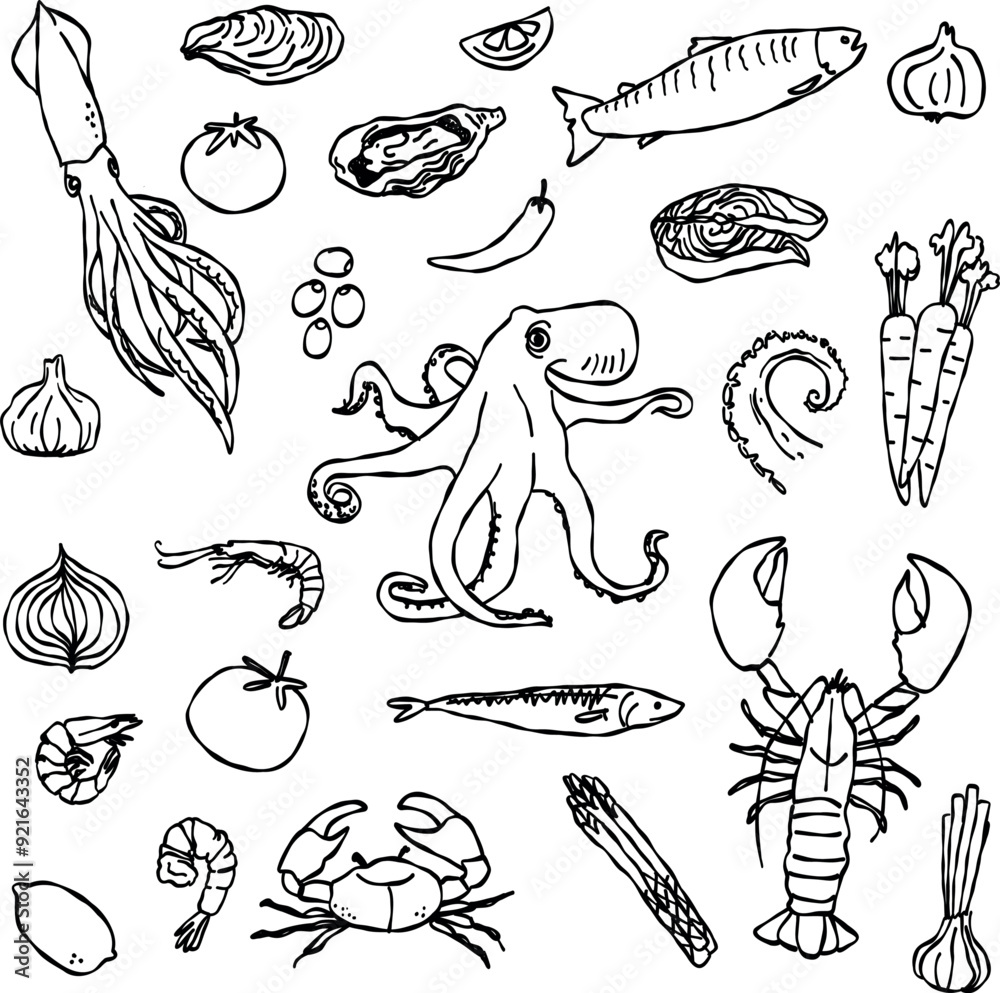 set de ilustraciones de mariscos, arte lineal estilo garabato, comida ...