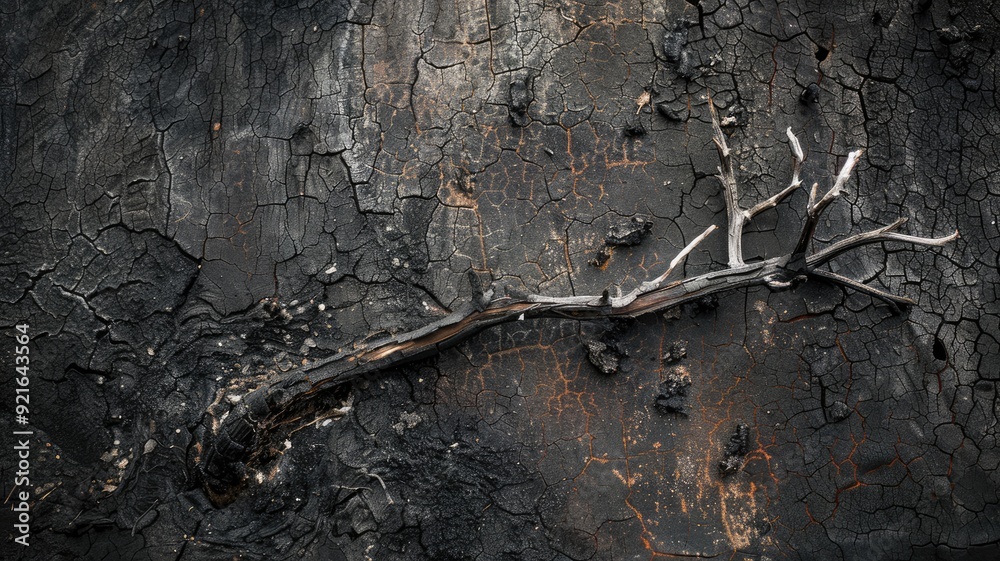 Charred tree branch on burned, cracked ground; aftermath of fire Stock ...