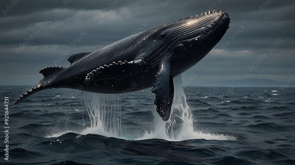 Majestic humpback whale breaches, splashing in the blue sea, humpback ...