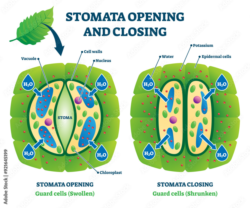 Stomata opening and closing illustration, transparent background ...