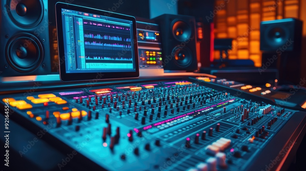 Modern Music Record Studio Control Desk with Laptop Screen Showing User ...