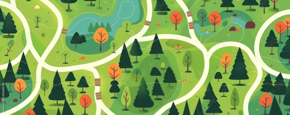 Colorful cartoon map of a forest with paths, trees, and water bodies ...