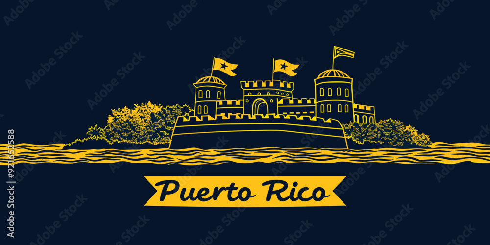 Stylized Yellow Outline Illustration of Puerto Rico's Historic Fort on ...