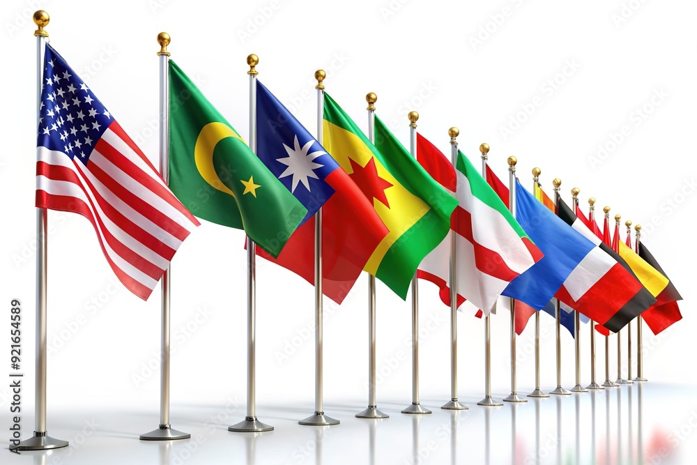Vibrant flags of various nations aligned in a row on a white background ...