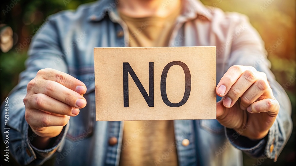A person's hand holding a small sign with a bold "NO" written on it ...