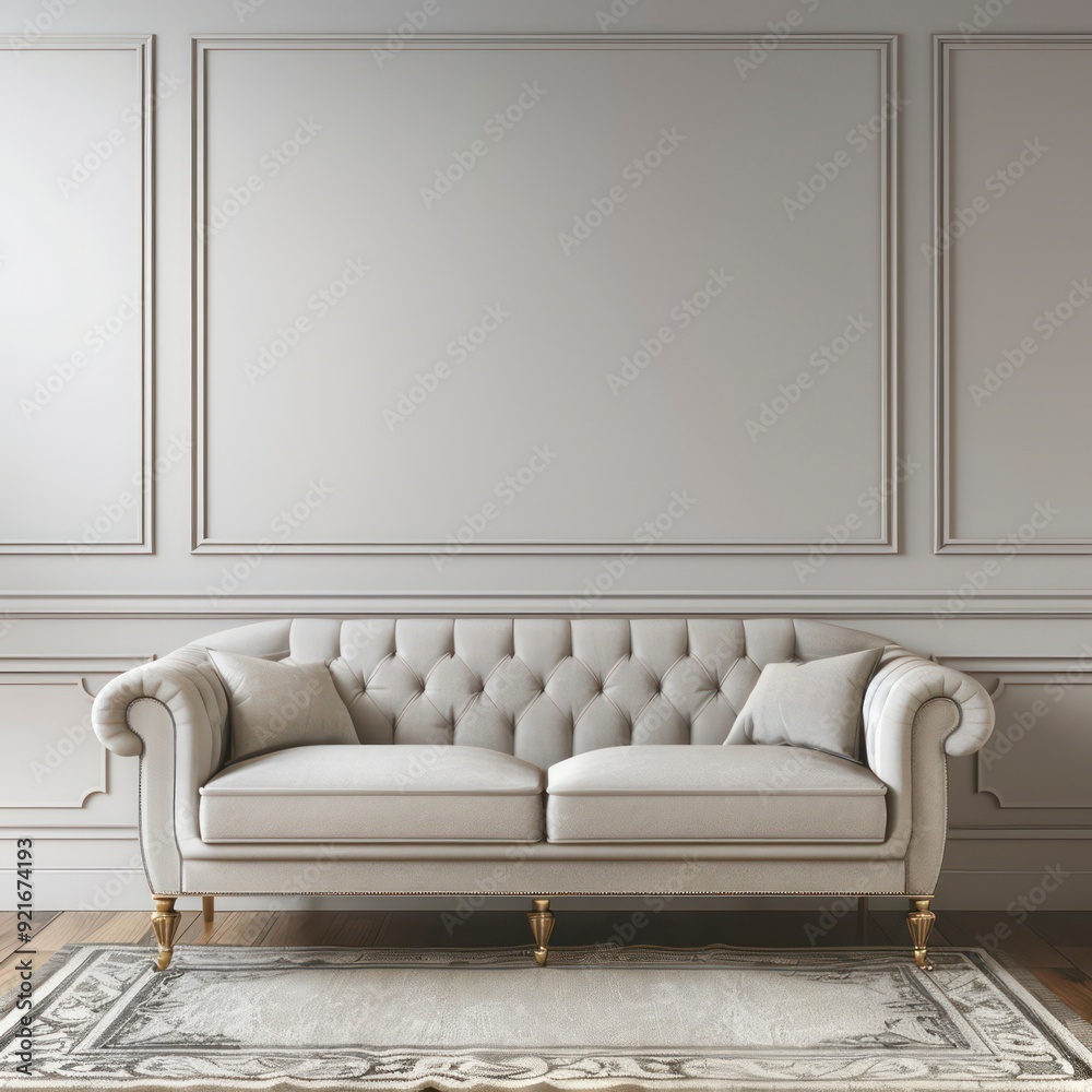 frontal view of a modern traditional sofa in front of a blank wall ...