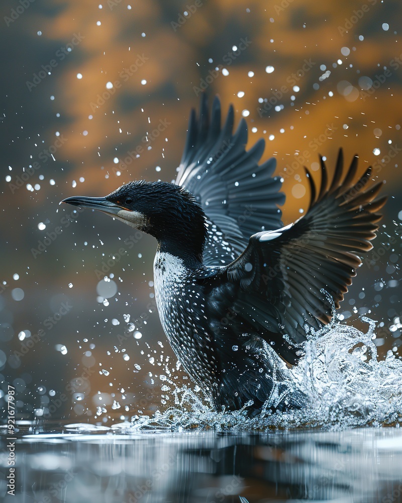 Black and white bird taking off from water, wings outstretched, water ...