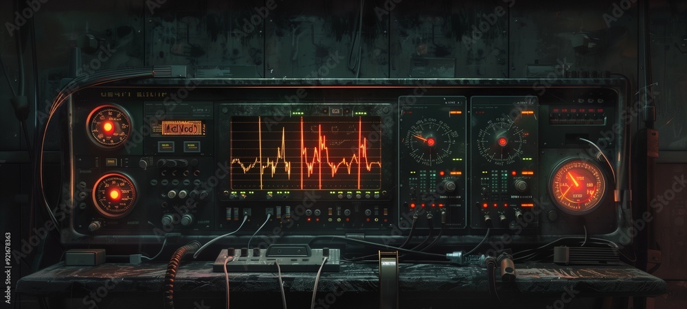 Radio equipment dashboard featuring multiple screens and gauges ...