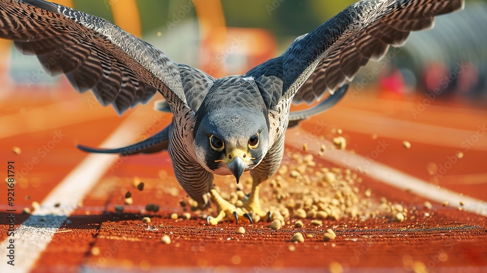 upside down a peregrine falcon falling into a big poofy mat at a track ...