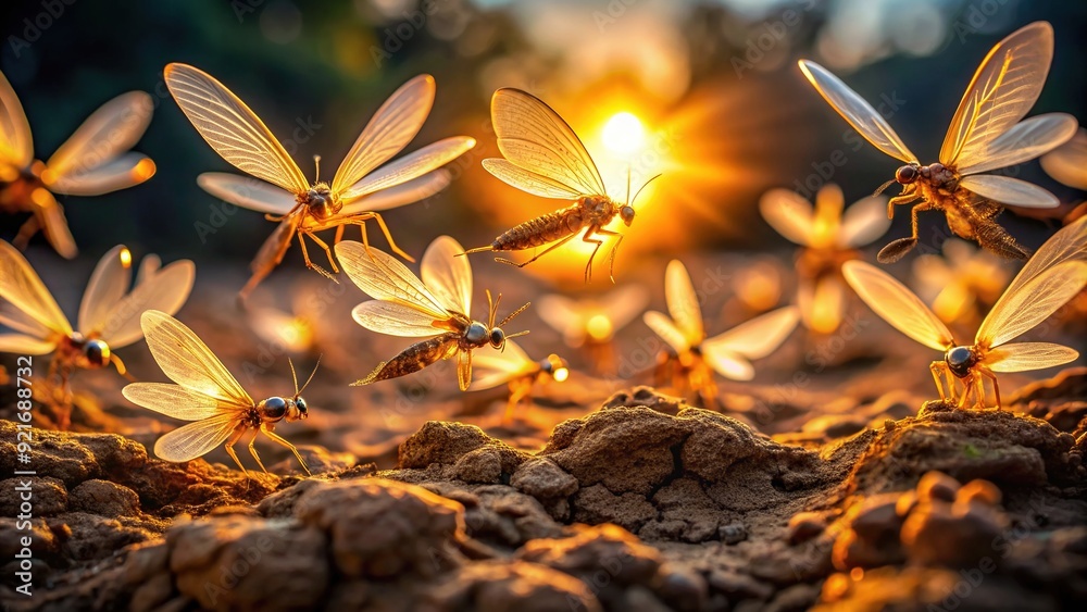 Swarm of flying termites emerge from cracked earth, their delicate ...